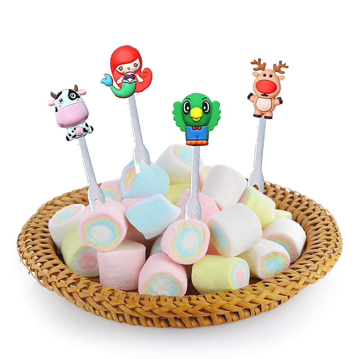 SXunacou Fruit Fork, Fun Cute Cartoon with Ceramic Storage Box Holder Stainless Steel Food Pick Forks for Home Household (A)