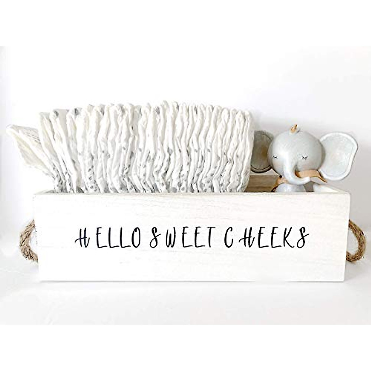 Pret & Lively Farmhouse Box, Nice Butt, Hello Sweet Cheeks,Home Decor, Storage Basket, Toilet Paper Holder, Funny Gift, Diaper Caddy, Cute Signs, Rustic Wooden Crate with Rope Handles, White