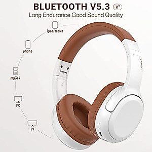 LORELEI B-C5 Wireless Headphones Bluetooth On-Ear Headset Bulit in Microphone, 30H Playtime,BT 5.3 Lightweght Foldable Headphones for Tablet/Ipad/Travel/Kids/Teens/Adult (White-Brown)