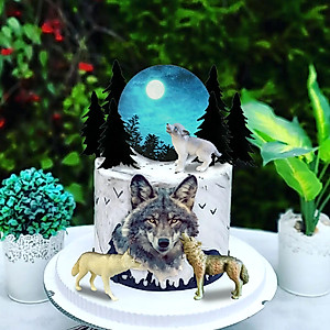 13 PCS Wolf Cake Topper Full Moon Cake Decor with Animal Figurine for Baby Shower Wolf Themed Wedding Birthday Party Supplies (Gray)