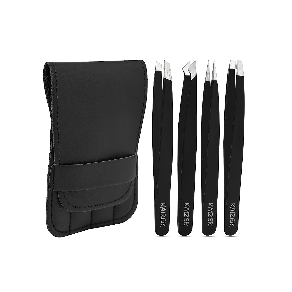 Professional Stainless Steel Tweezer Set for Eyebrows - Precision Tweezers for Ingrown Hair, Blackhead & Splinter | 4 Pcs, Black, 3.5 x 4.5 x 0.50 (KZR-01)