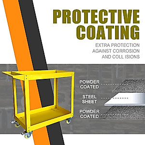 HPDMC 30in Large Steel Service Cart - Utility Carts with Wheels - 2 Shelf - Metal - 300 lbs Capacity - Shop Rolling Tool Carts - Yellow