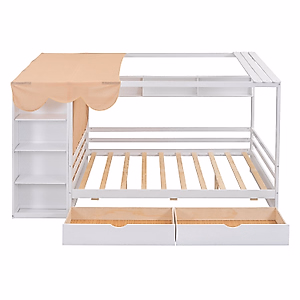 Linique Full Size House Bed with Wardrobe, Storage Drawers and Bookshelf, Solid Wood Bed Frame with Tent, White