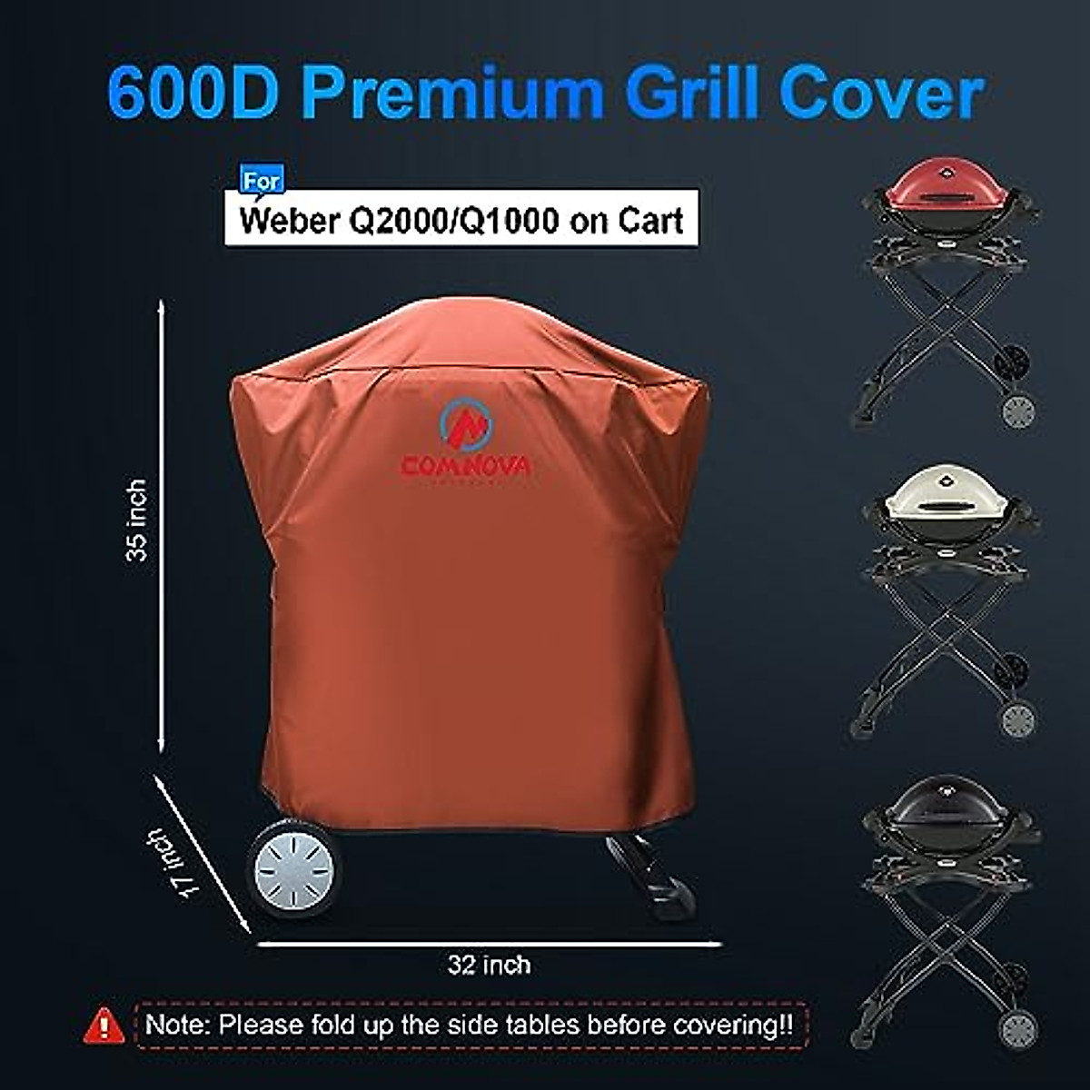 Comnova Grill Cover for Weber Q Serie Grill on Cart - 7113 BBQ Covers for Weber Q2000/Q200/Q1000/Q100 with Portable Stand, Heavy Duty & Waterproof BBQ Cover for Weber Q2200, 2400, 1200, 1400 and More
