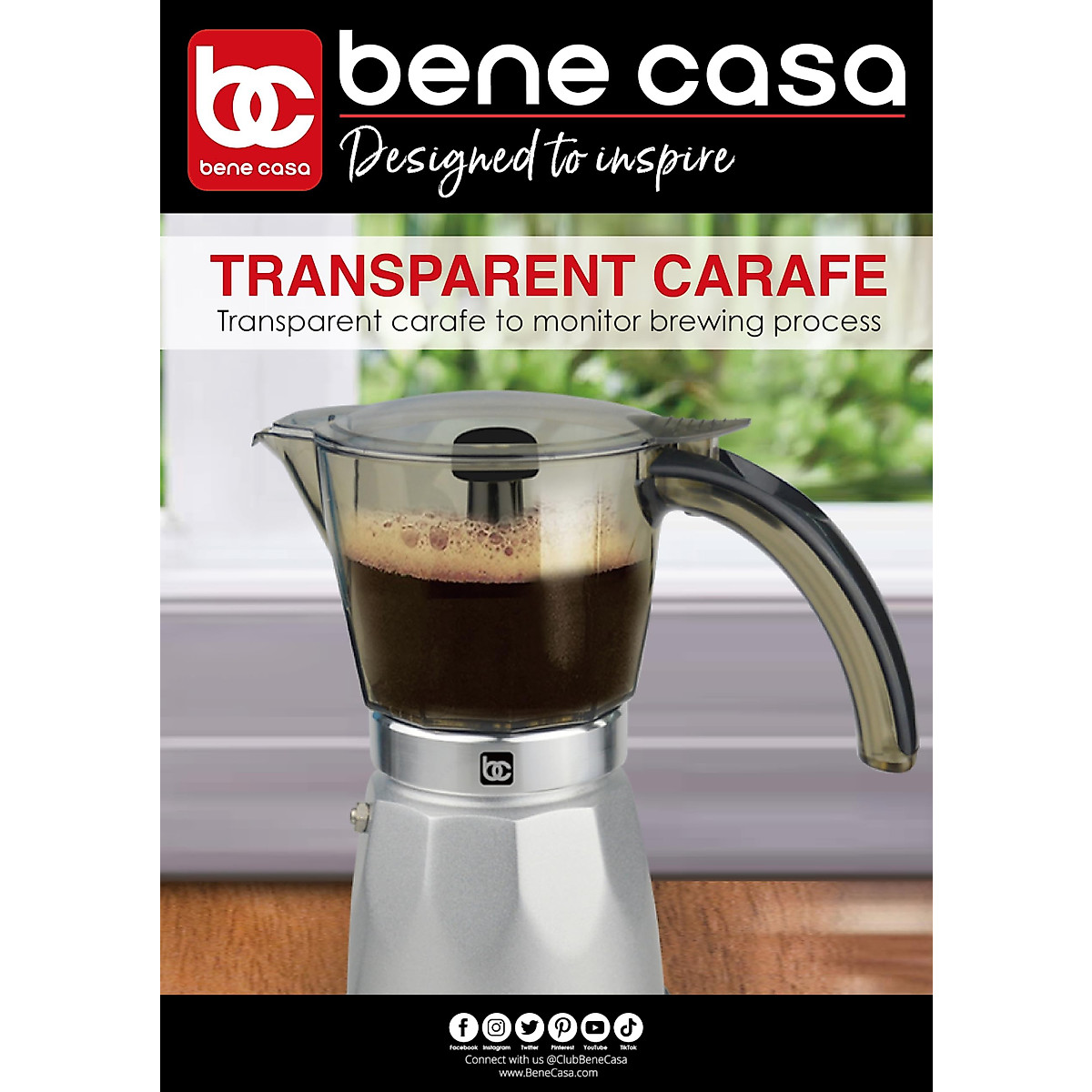 Bene Casa Espresso Coffe Maker, 6 Cup,Electric Maker Portable Cafetera Electrica| Trasparent Carefa, De 6 Tasas, Para Cafe' Espresso,Baso Trasparente.
