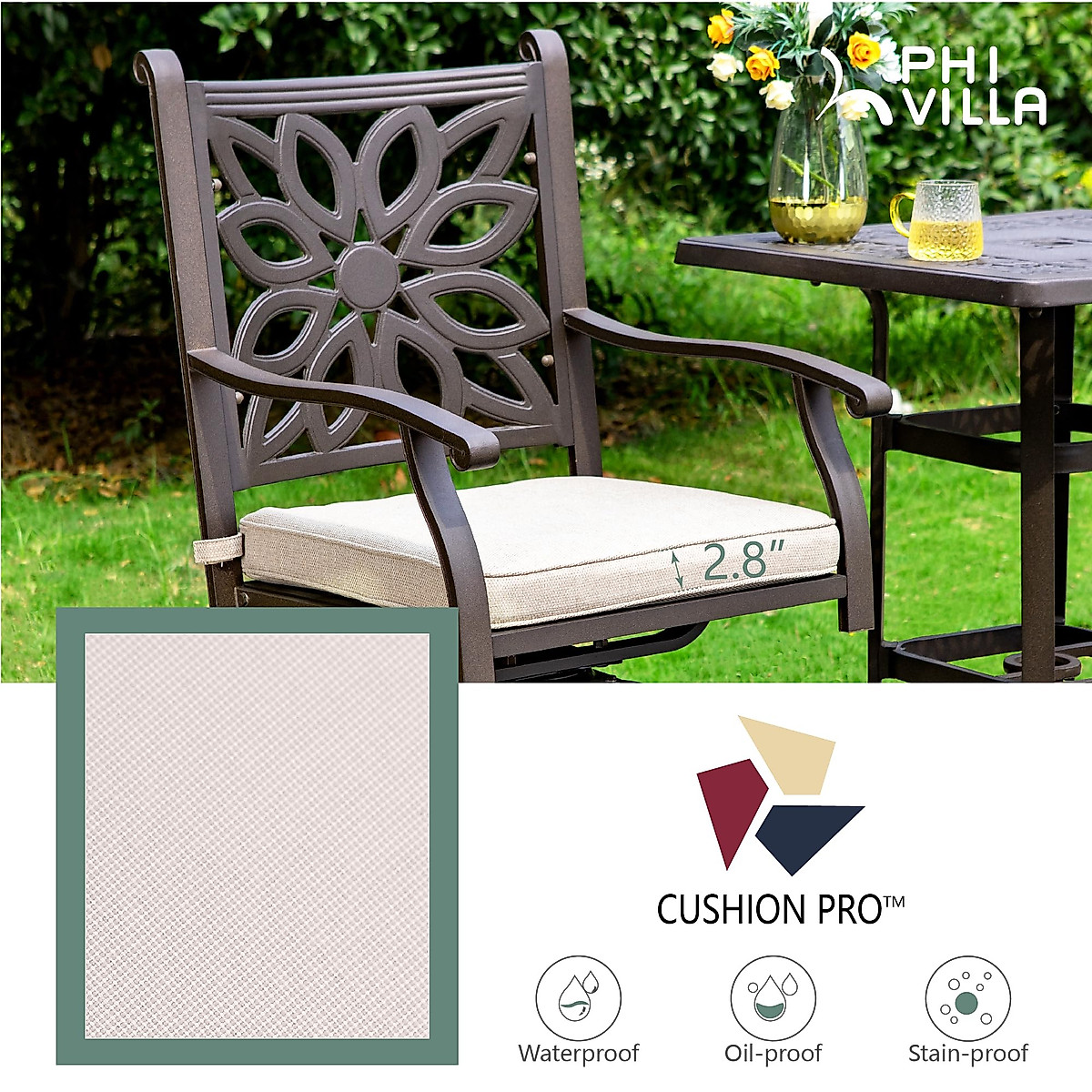 PHI VILLA Patio Furniture Set, Brown 3Pcs Cast Aluminum High Top Table and Swivel Bar Stools with Cushion, Pub Bistro Set for Outdoor