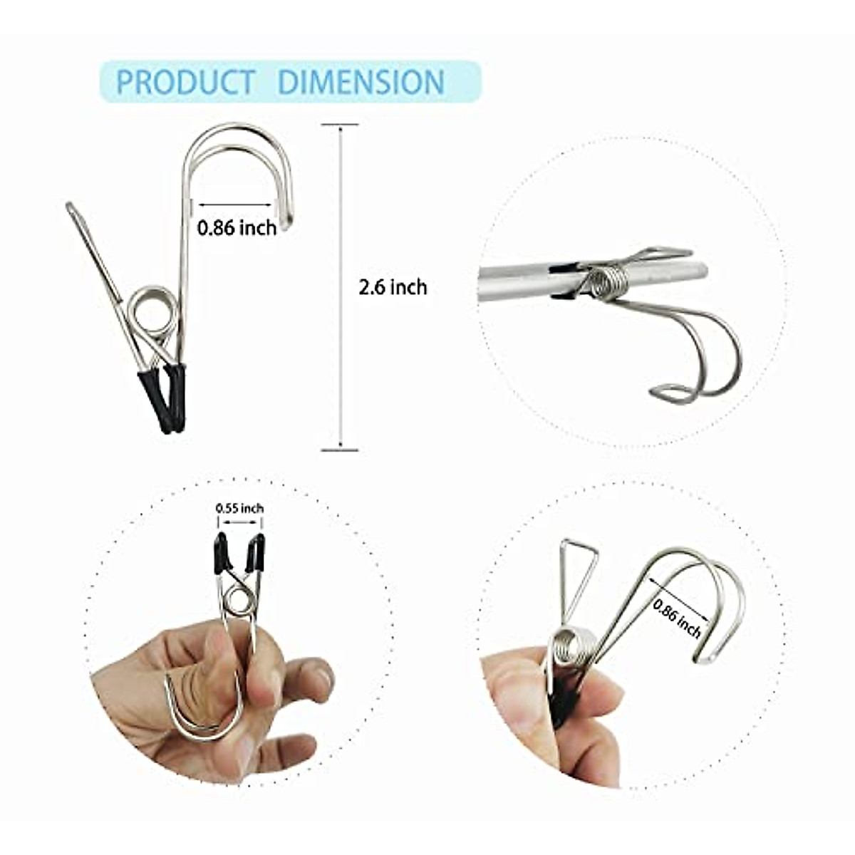 304 Stainless Steel Short Tail Hanger Clip with Hook, Durable Hanging Clips，Heavy Duty Multifunctional Hangers Use for Display Storage Items (12)