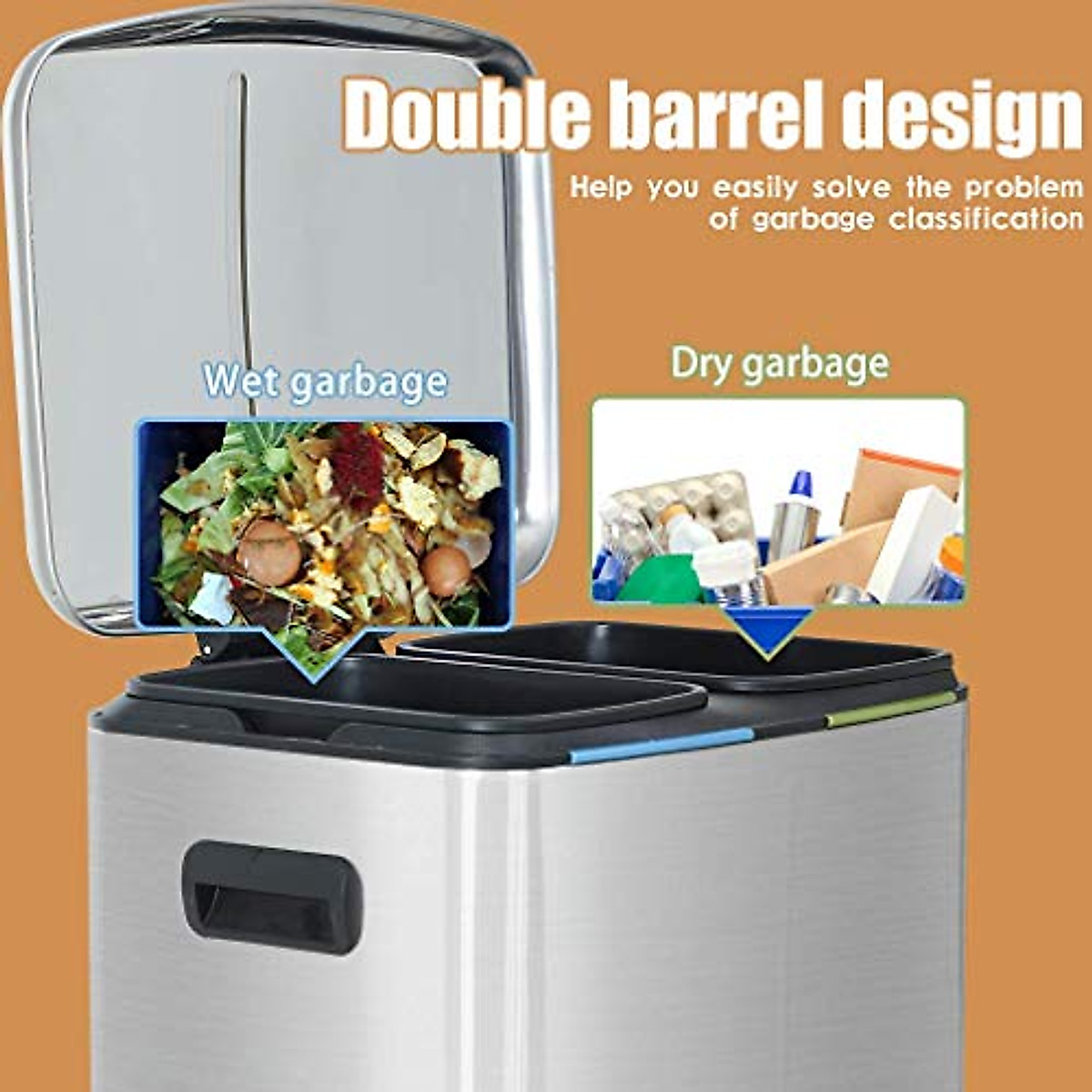 BLKMTY Trash Can 10 Gallon Kitchen Trash Can Dual Trash Can Pedal Recycle Trash Bin with Lid Inner Bucket Stainless Steel Garbage Can Rubbish Bin for Home Office Garbage Container 45L Trash Bin