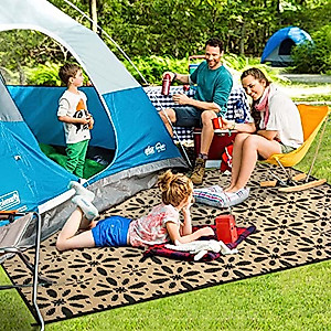 AOLEBA Reversible Outdoor Plastic Straw Rug Mat, 5'x8' Black and Beige Flower Area Rugs for Outdoor, Camping, RV, Patio, Picnic, Beach, Backyard, Deck, Trailer