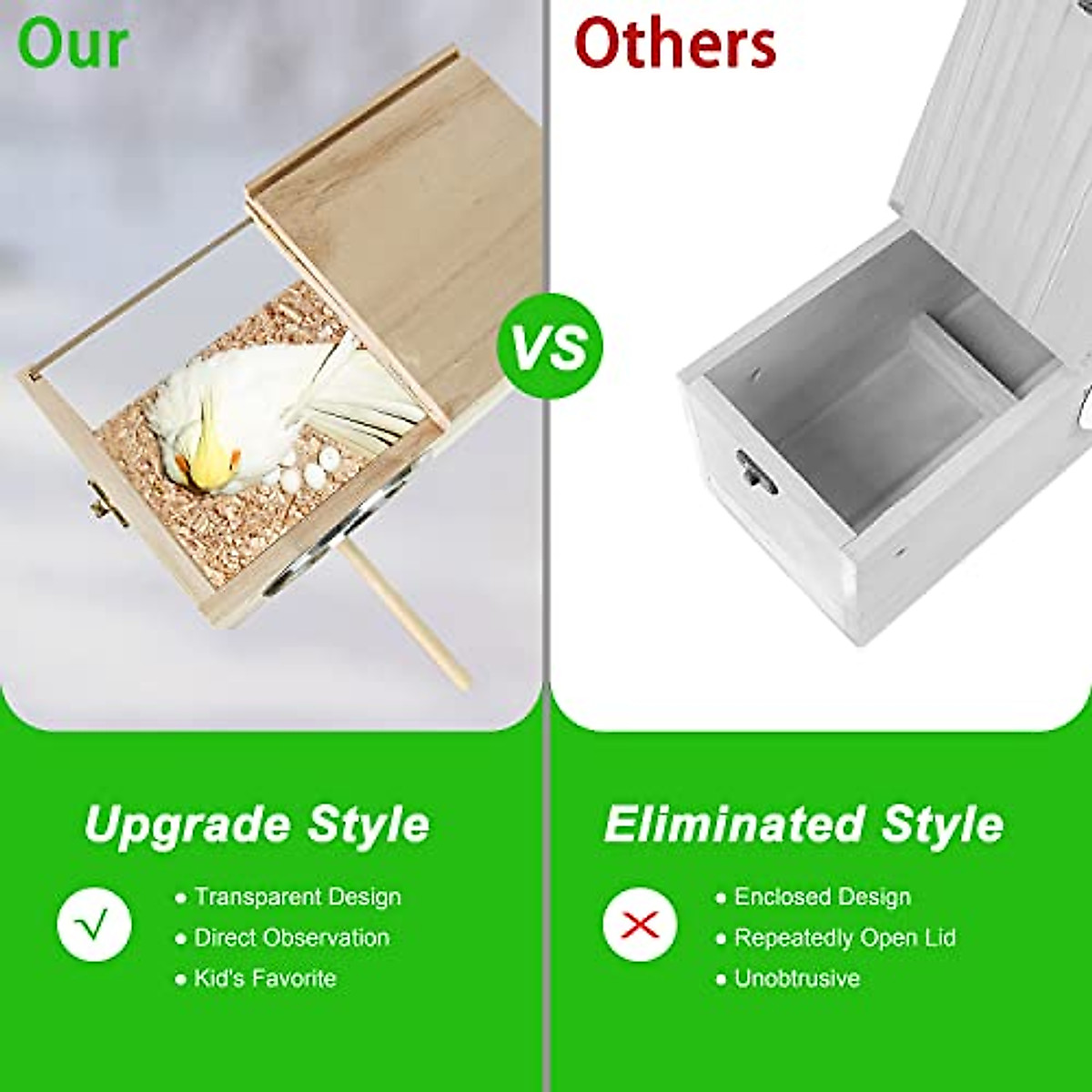 Parakeet Nesting Box, Transparent Bird Box Bird Nests for Cages Nest Box with Perch Wood Bird Cage House Nidos para Pajaros Periquitos for Cockatiel Lovebirds Budgie Finch Parrotlets Canary Conure