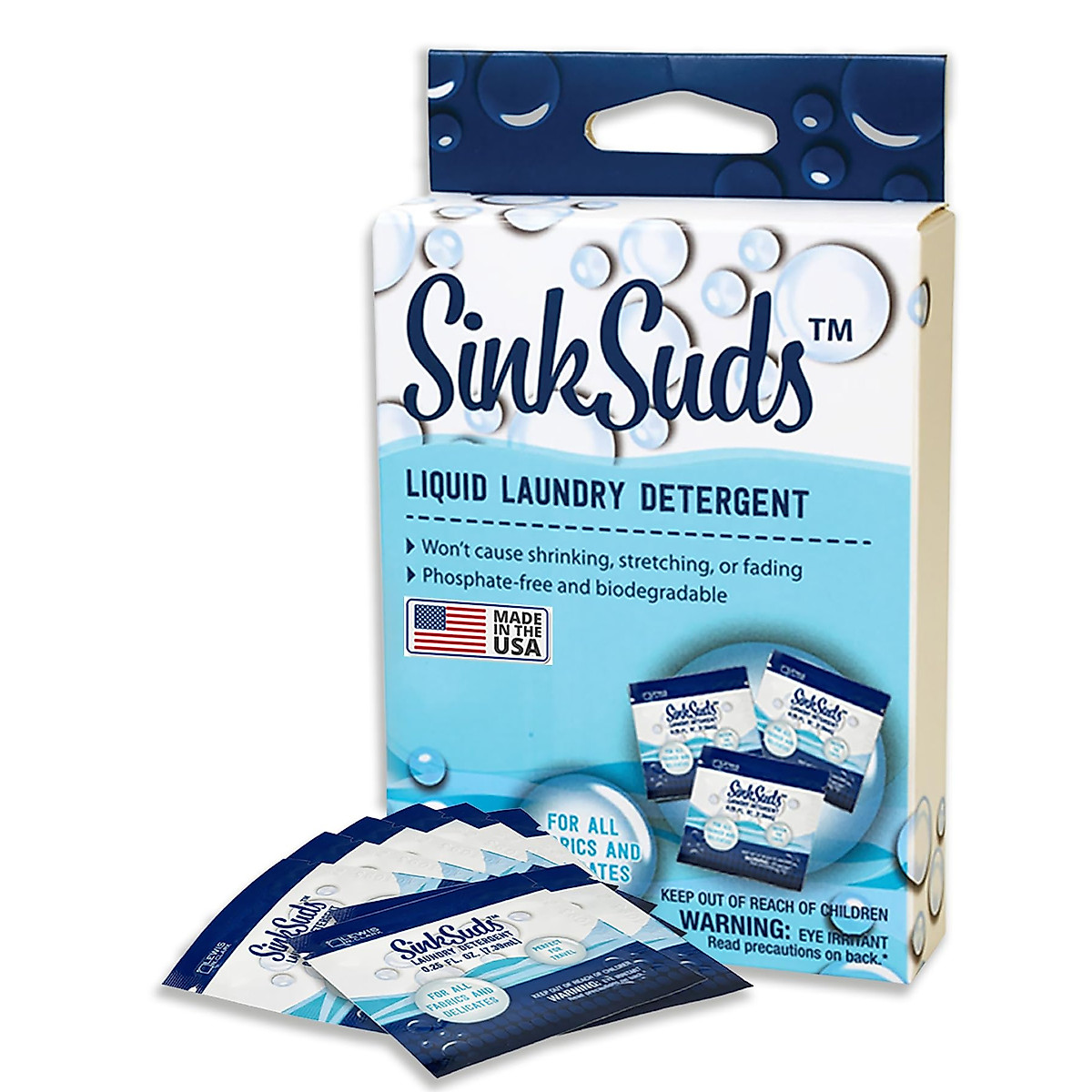 SinkSuds Laundry Detergent, Travel Size Liquid Soap, TSA Compliant, Safe For All Fabrics, 8 Packets (Packaging May Vary)