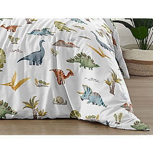 Sweet Jojo Designs Watercolor Dinosaur Dino Boy Queen Comforter Set Full Size Bedding Kids Teen Adult Bed Room 3p Green Slate Blue White Modern Dinosaurs Jurassic Nature Animal Steel Turquoise Yellow