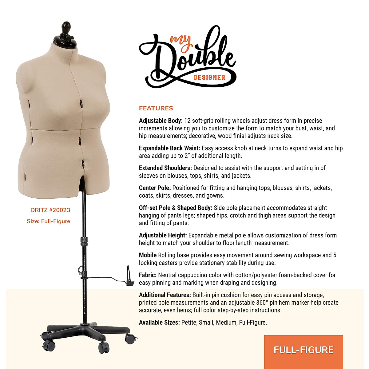 Dritz My Double Designer Adjustable Dress Form, Full-Figure, Ivory