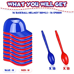 36 Count Summer Baseball Helmet Snack Ice Cream Bowl 8 oz Mini Baseball Cap Bowls Plastic Dessert Sundae Candy Bowls with 36 Spoons for Kids Birthday Sports Party Supplies (Red, Dark Blue)