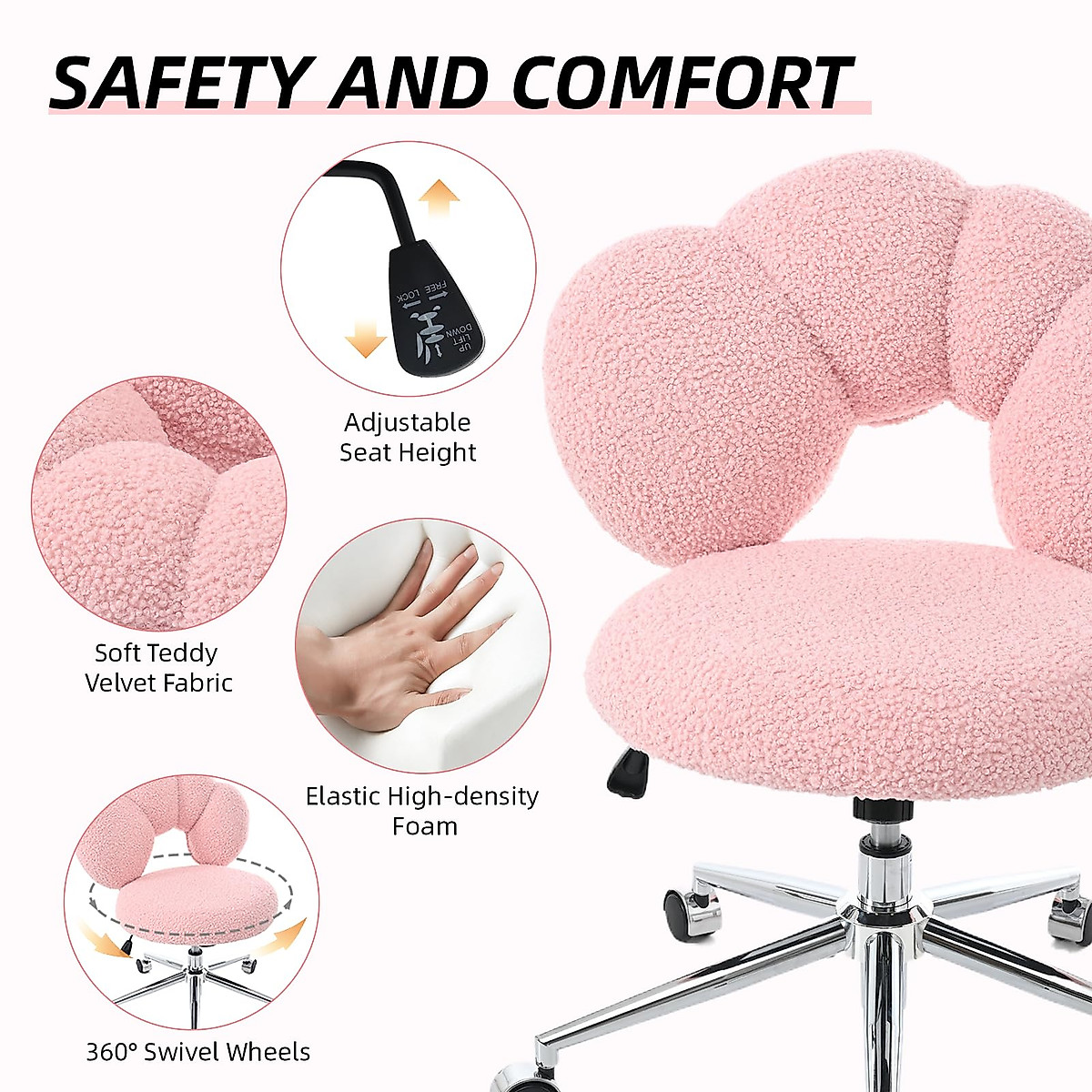 Home Office Chair Criss Cross Chair with Wheels, Upholstered Chairs with 360 Swivel, Height Adjustable Swivel Computer Task Chairs for Living Room, Bedroom, Vanity, Study（Pink）