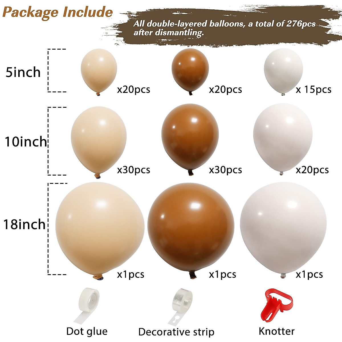 RUBFAC 276pcs Brown Balloons Garland Arch Kit with Double-Stuffed Boho Coffee Brown Beige White Balloon for Teddy Bear Baby Shower Jungle Safari Party Birthday Decorations