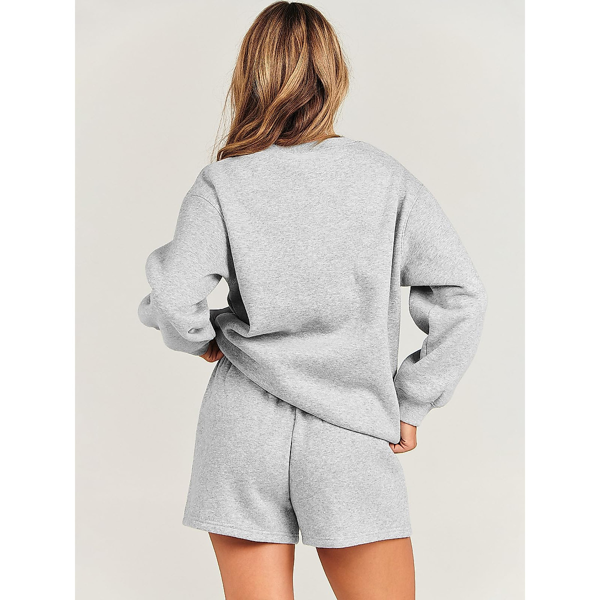 ANRABESS Women 2 Piece Outfits Sweat Shorts Sets 2025 Oversized Casual Lounge Matching Set Sweatsuit Tracksuit Clothes Light Grey Small