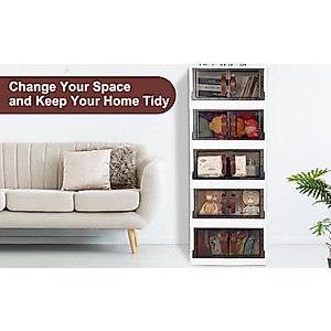 YSSOA Plastic Storage Bins with Lids, 200 Qt (50 Gal) Storage Cabinet, 5 Pack Stackable Beige Closet Organizer, 20.5 x 11.4 x 52.4Inch Foldable Plastic Storage Container with Door