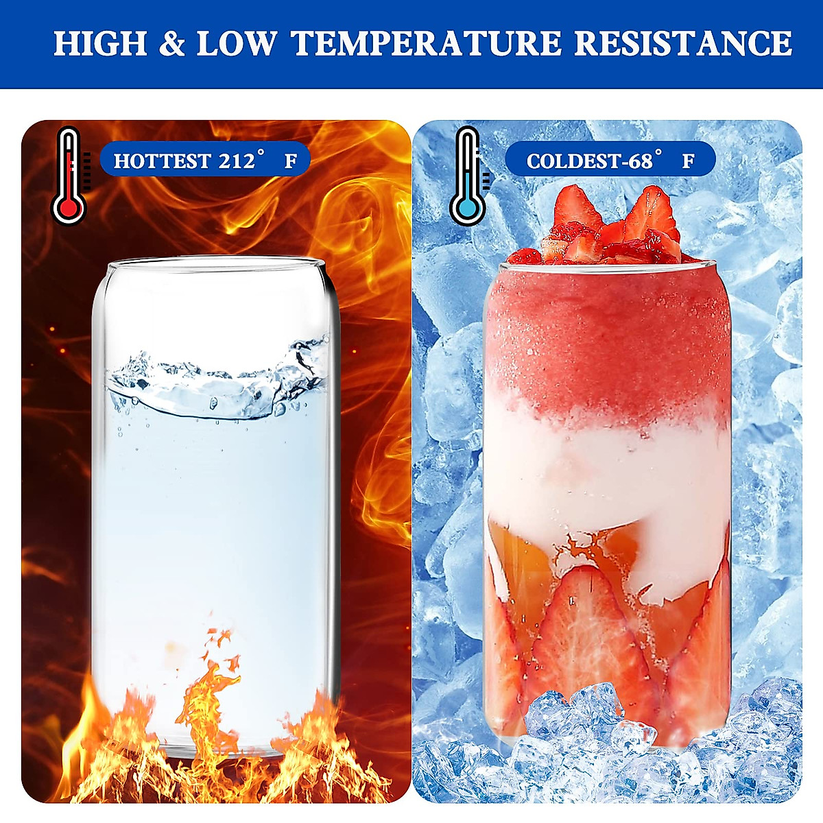 Vozoka Beer Glass Cups with Bamboo Lids and Glass Straw, 6 Set 16 Oz Ice Coffee Glasses, Tumbler Glass Cup, Drinking Glasses Set for Coffee Whiskey Cocktail