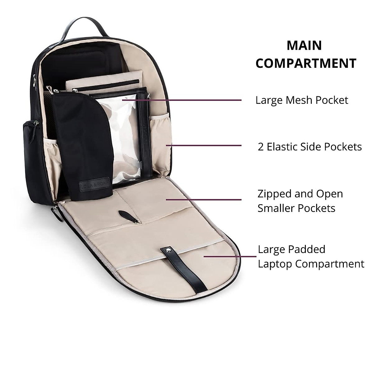 LOLA & ROAM Nylon and Vegan Leather Diaper Bag Backpack with Cooler Compartment and 5 Accessories, 5 Separate Compartments for Easy Use, Lightweight Baby Bag to Toddler to 2 Kids