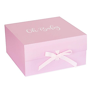 Oh Baby Shower Box with Ribbon & Magnetic Closure - Doubles as Baby Keepsake Boxes with Lids - 12 x 12 x 6 in. Light Pink or Blue Baby Boxes for Baby Shower with 'Oh Baby' in White MJ Green Events