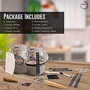 TEROIT Sourdough Starter Kit, Sourdough Bread Baking Supplies - 2PCS Sourdough Starter Jar, Bread Lame, Bread Whisk, Dough Scraper, Air Tight Lid - Delightful Gift for Home Cooks