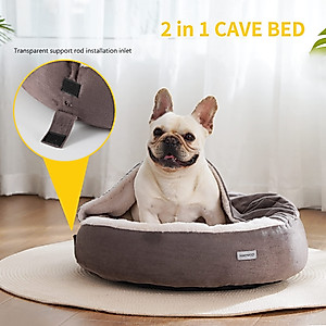 FANTSYPET Dog Bed & Cat Beds, Warming Soft Dog Beds with Blanket Attached, Dog Bed for Small and Medium Dogs, Cozy Donut Dog Bed Plush Hooded Calming Cuddler, Calming Cave Dog Bed, Camel, (23 x 23 in)