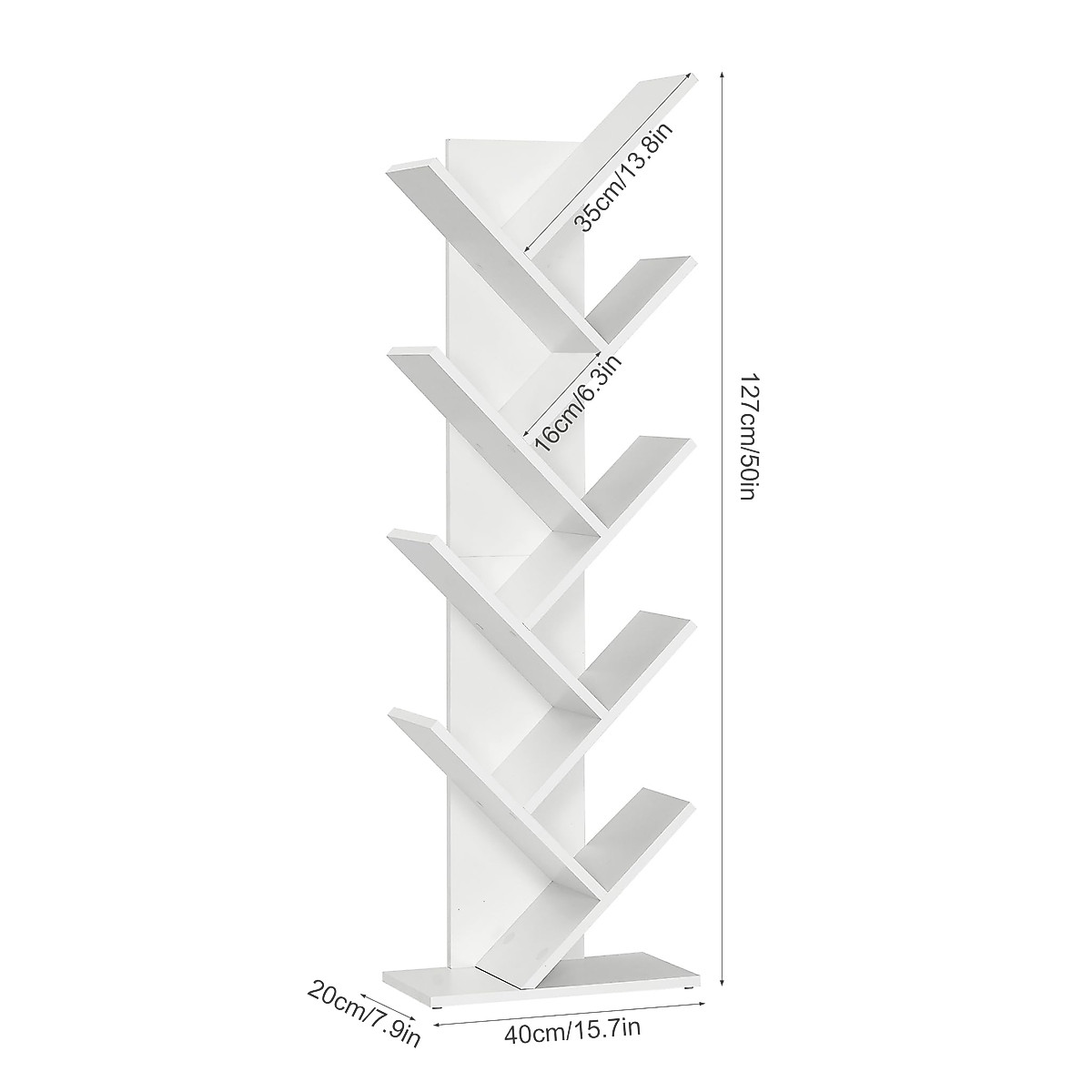 Meerveil 9-Tier Floor Standing Tree Bookcase, Bookshelf Wooden for Books Magazine CDs in Living Room Home Office Modern White