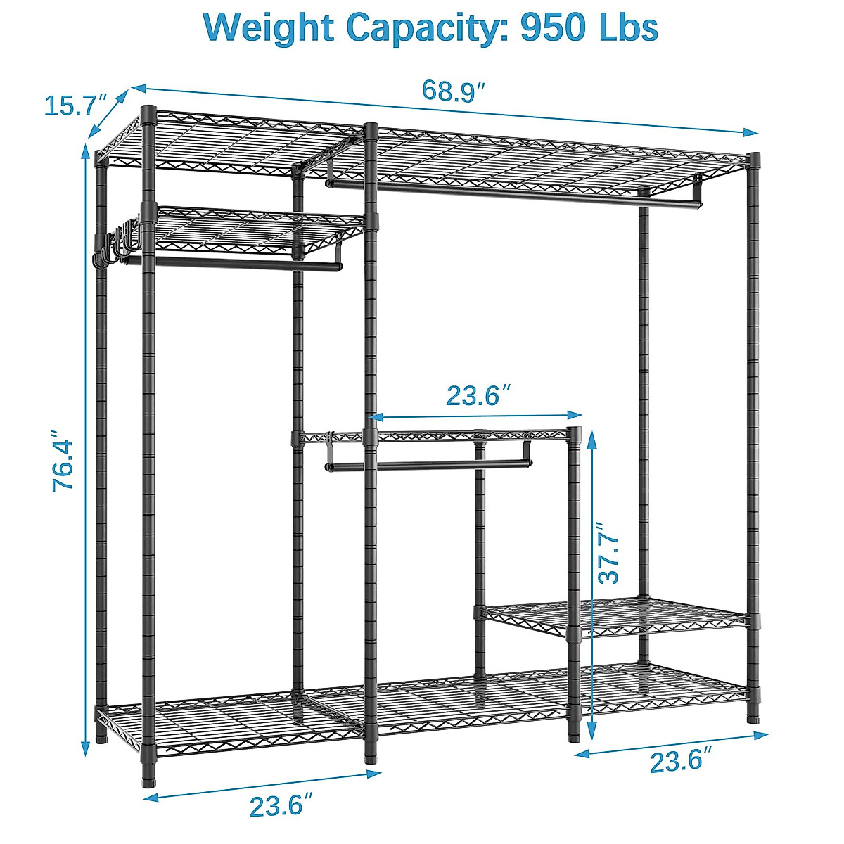 VIPEK V3 Clothes Rack, Heavy Duty Garment Rack with Adjustable Shelves & Hang Rods & Side Hooks, Portable Closet Systems Freestanding Metal Clothing Rack for Hanging Clothes, Max Load 950lbs, Black