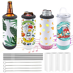 Lilsofee 4 Pack 16oz Sublimation Bluetooth Speaker Blank Tumblers Bulk Stainless Steels Insulated 4 in 1 Can Cooler Beer Holder With Lid and Straw Mix Colors Metal Slim Coozies for Drinks