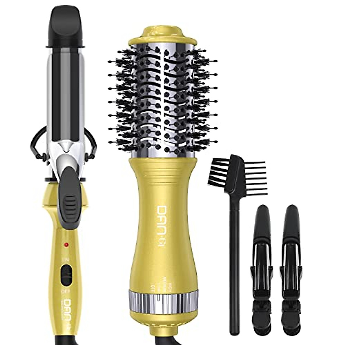Travel Size Hair Blow Dryer Brush & 1 Inch Mini Curling Wand Set, Hot Air Brush with 3 Temperature Settings & Travel Curling Iron Set for Drying, Styling, Curling, Volumizing