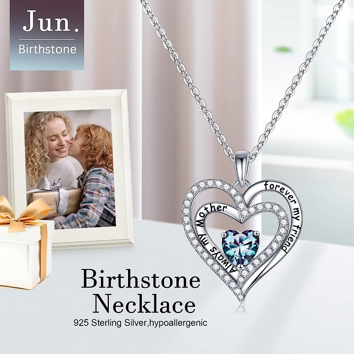 Iefil Mom Birthstone Necklaces Gifts for Mom, Sterling Silver Birthstone Jewelry Mom Mothers Valentines Day Anniversary Christmas Birthday Gifts for Mom June Alexandrite Necklace Jewelry