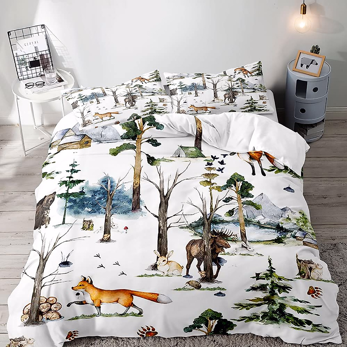 VIVIHOME 2PCS Woodland Animals Duvet Cover Set, Twin Bedding Sets, White Duvet Cover, Wildlife Rabbit Fox Deer Elk Moose Bear Camping Hunting Lodge Cabin Country Rustic Farmhouse Bedding, 1 Pillowcase