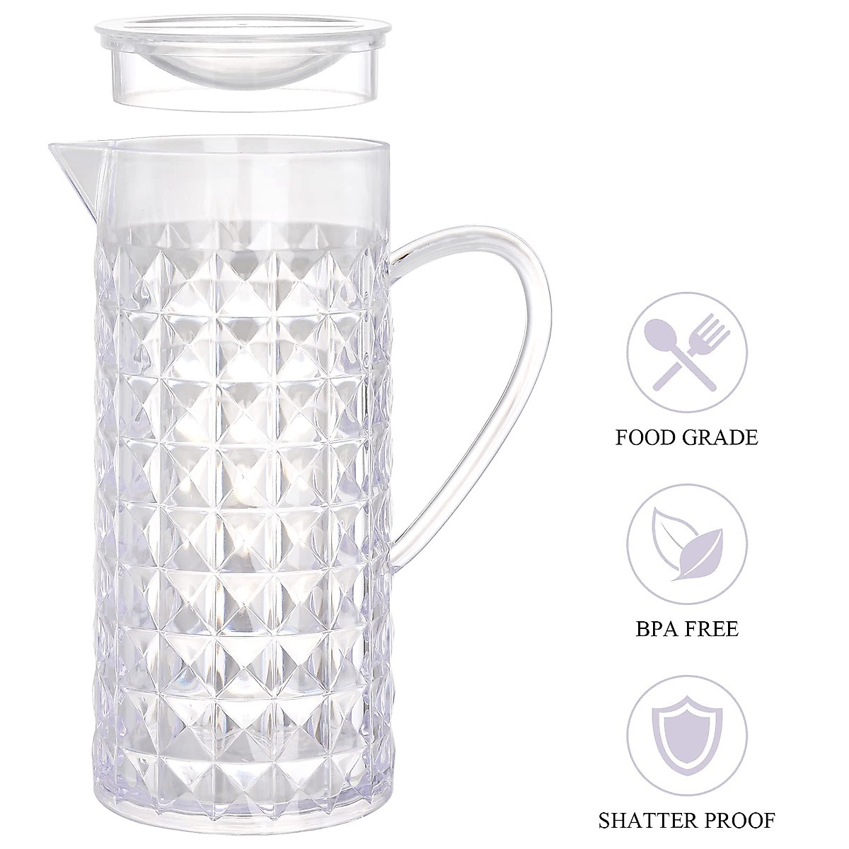 AVLA 2 Pack Acrylic Pitcher, 42 OZ Clear Water Container with Lid, Drink Beverage Fridge Jug, BPA-Free, Shatter-Proof, for Iced Tea, Sangria, Lemonade, Juice, Milk, Premium Quality, Diamond Pattern