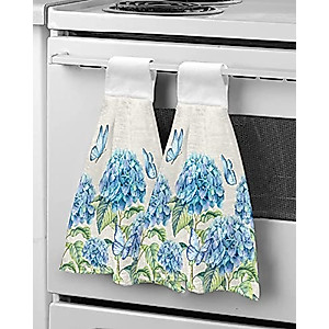 Big buy store Hanging Kitchen Towels Summer Hydrangea Flower Bathroom Hand Towels with Hanging Loop Butterfly Blue Floral Soft Absorbent Drying Dish Tie Towels for Kitchen Toilet Tabletop Home Decor