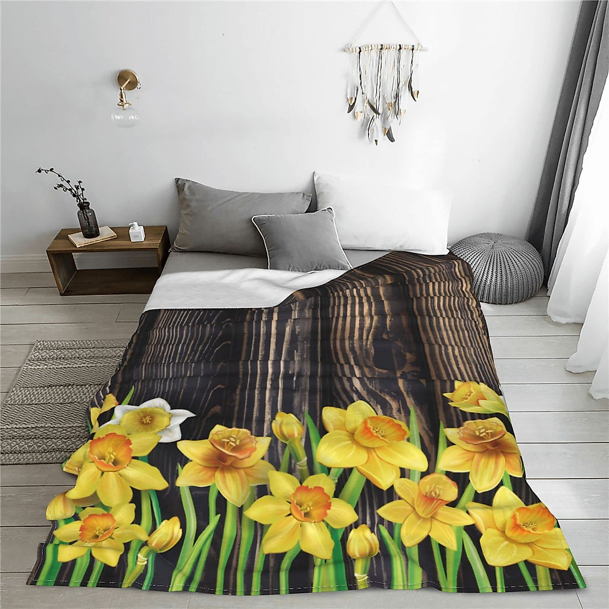Oplp Spring Flowers Daffodils Throw Blanket for Bed Sofa Couch Wooden Background Fleece Blankets Lightweight Soft Cozy 50"x40"