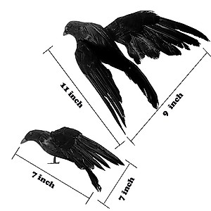 yumhum 2 Packs Large Real Feathered Halloween Black Crows, Lifelike Halloween Crows with Real Feathers Big Raven Birds for Yard Indoor Outdoor Décor