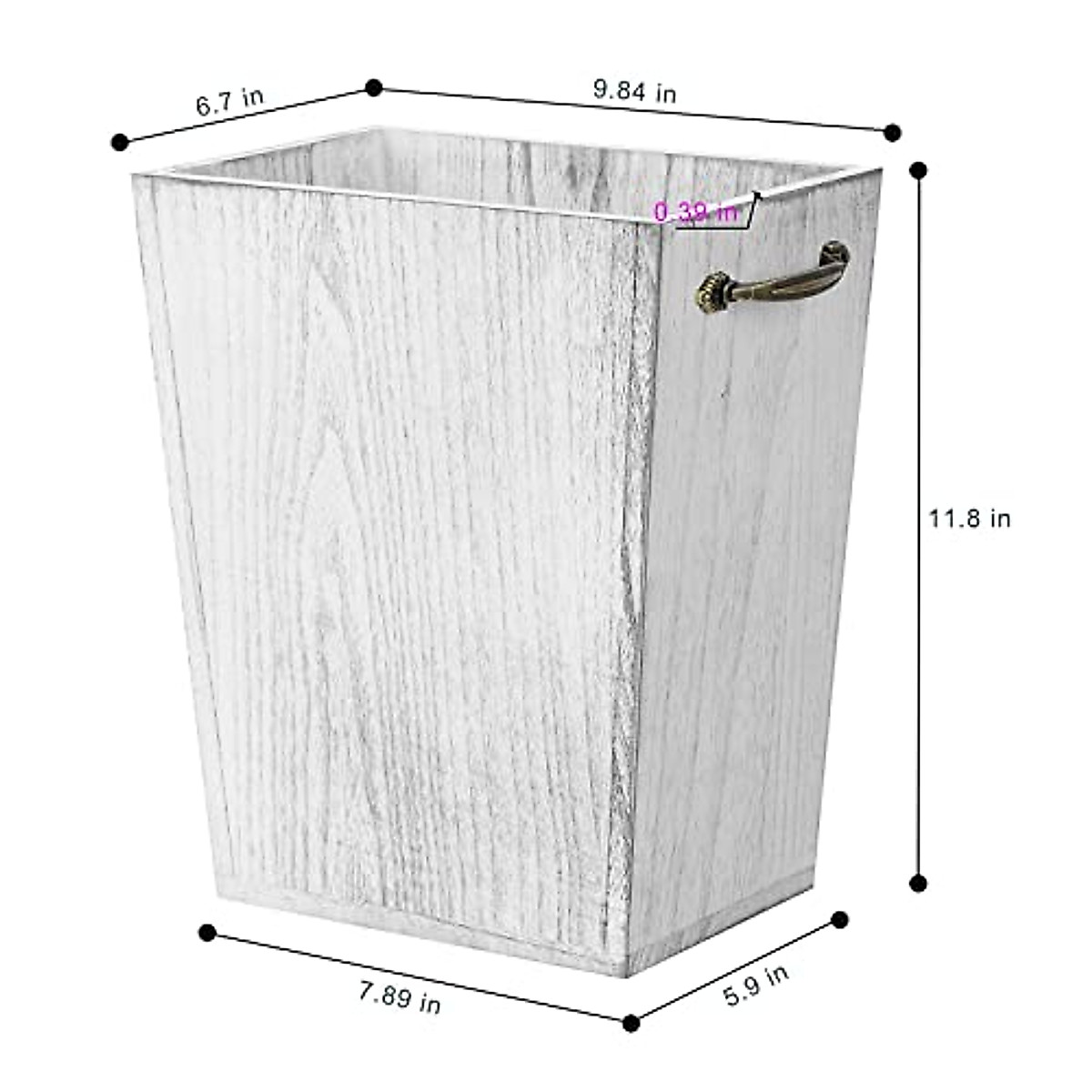 Wood Wastebasket Trash Can Rustic Farmhouse Square Garbage Container Bin with Decorative Metal Handle for Bedroom, Living Room, Bathroom & Office