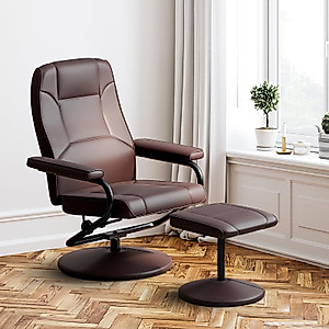 Giantex Recliner Chair with Ottoman, 360° Swivel Faux Leather Reclining Chair w/Adjustable Backrest, Footrest, Sturdy Metal Base, Upholstered Armchair for Living Room Bedroom Study, Office, Brown