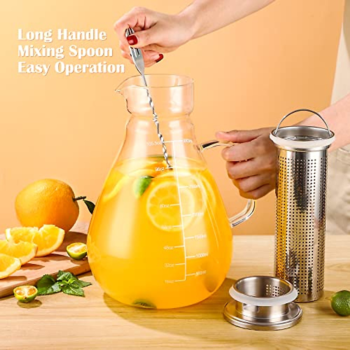 Glass Pitcher with Lid & Removable Fruit Infuser Filter, 105.6OZ Glass Fruit Infuser Water Pitcher with Precise Scale Line & Mix Spoon, HOUSALE 18/8 Stainless Steel Lid Iced Tea Pitcher Easy to Clean