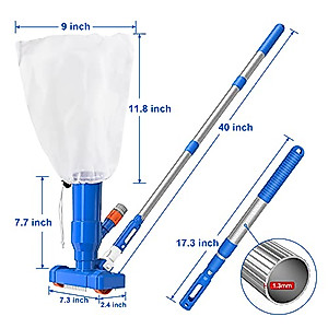 CKE Upgraded Portable 40" Pool Spa Pond Mini Jet Underwater Vacuum Cleaner w/Brush, Bag, Adjustable 3 Piece Expandable Step-Up Thicken Telescopic Pole with Universal Fit Handle-Attaches to Garden Hose