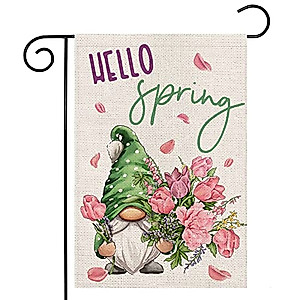 Hello Spring Garden Flag for Outside 12x18 Double Sided,Gnome with Flowers Small Yard Flag, Summer Seasonal Decors for Outdoor Anniversary Wedding Farmhouse Holiday