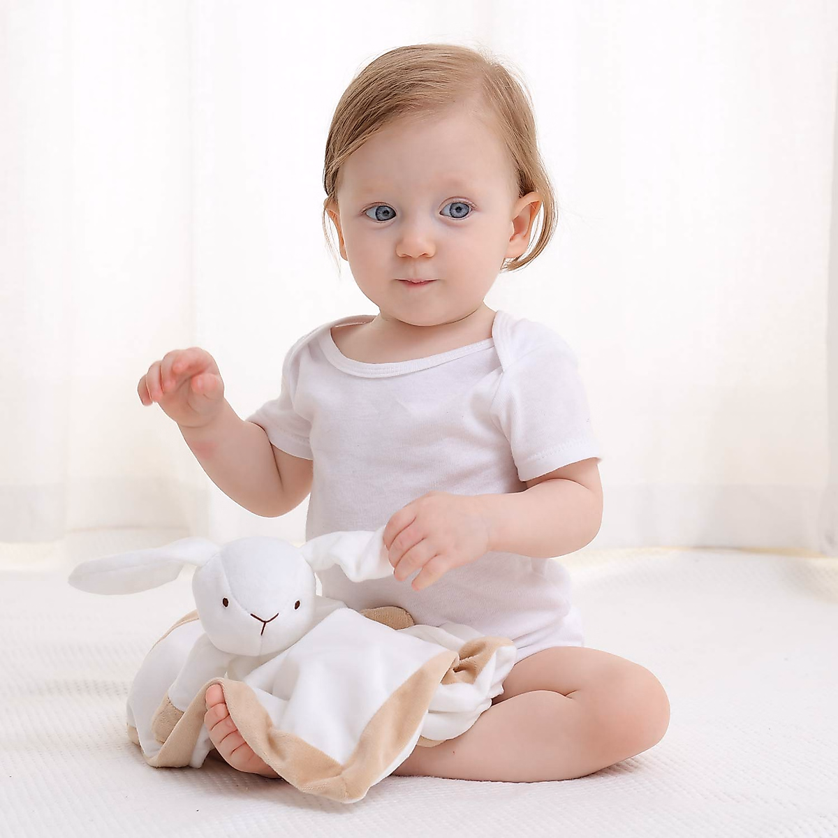 Apricot Lamb Baby Unisex White Bunny Rabbit Security Blanket Buddy Nursery Bed Blankets Stuffed Plush Cuddle Newborn Blanket (White Bunny, 14 Inches)