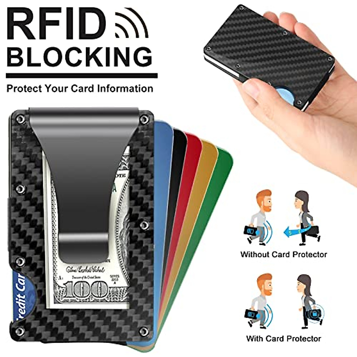 REGC Slim Wallet for Men, Metal Money Clip Wallet, RFID Blocking Minimalist Wallet, Pocket Cash Credit Card Holder for Men (Old Elastic, Carbon Fiber)