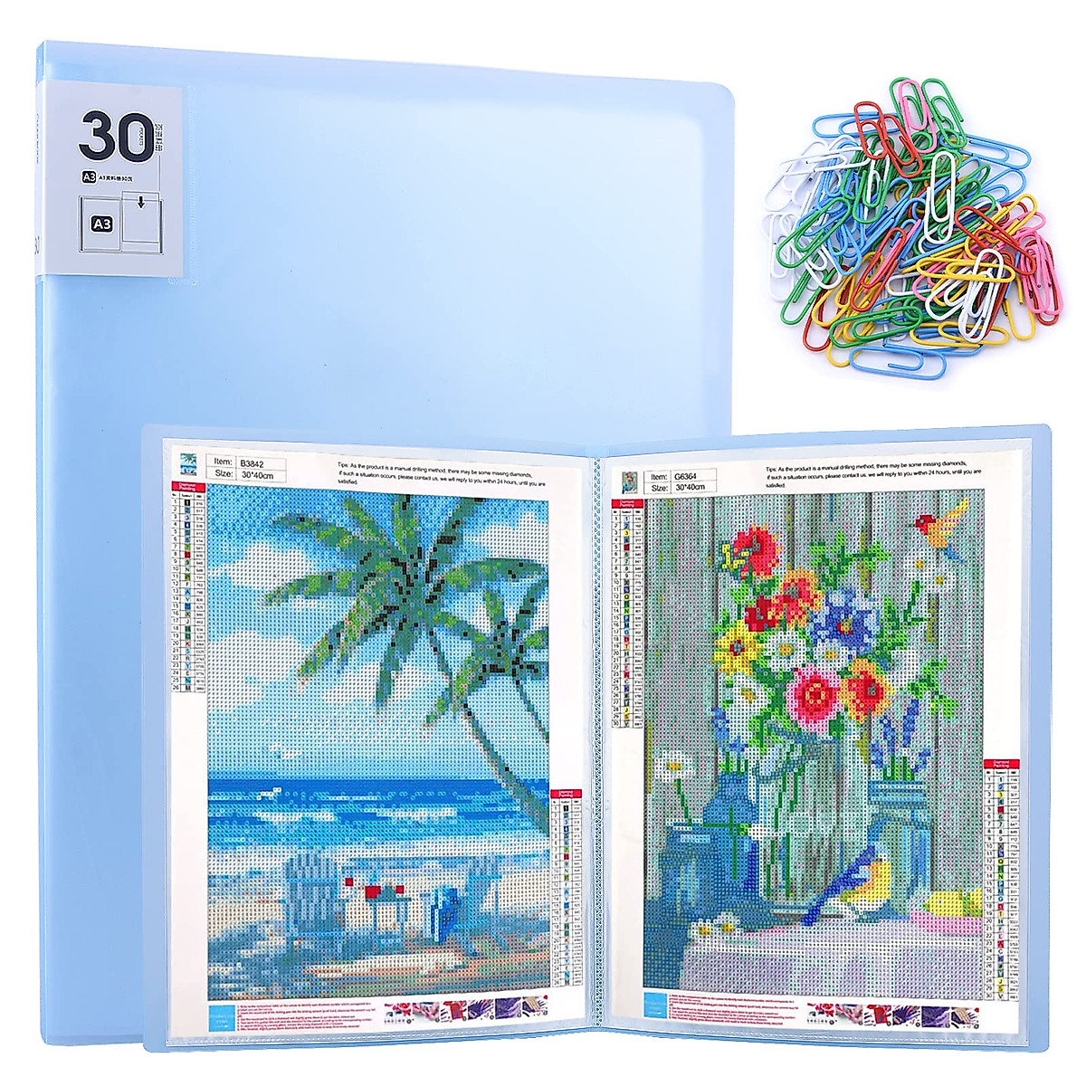 A3 Diamond Painting Storage Book for Diamond Painting Kits Diamond Art Storage Presentation Book Diamond Art Portfolio Folder with 30 Pocket Slevees Protectors(Blue)