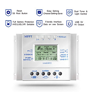 MPPT 60A Solar Charge Regulator LCD Display Solar Controller 12V 24V with Light and Timer Control Easy Settable for PV