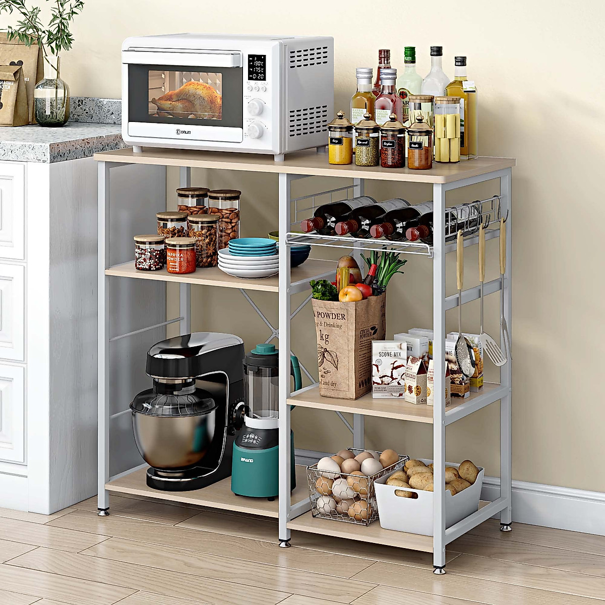 Wellynap Bakers Rack, 3-Tier Microwave Stand for Kitchens with Storage, Utility Storage Shelf with 5 Hooks and Basket for Spice Rack, White Oak