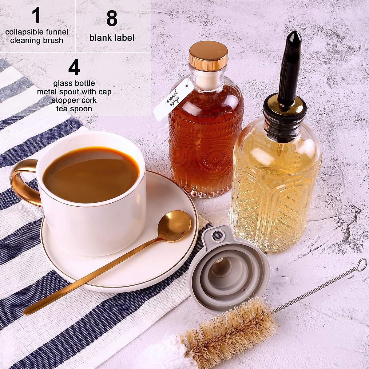 Furnizone Glass Syrup Dispenser Set - 4 Pack 7oz Bottles with Metal Pour Spouts, Stoppers, Spoons for Coffee, Tea, Vanilla, Caramel, Honey