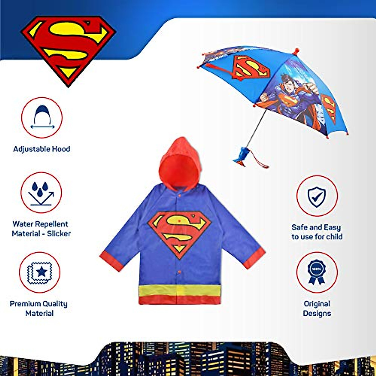 DC Comics Kids Umbrella and Poncho Raincoat Set, Batman & Superman Boys Rain Wear for Toddler 2-3 or Kids 4-7