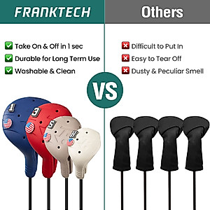 FRANKTECH Golf Club Covers 3pcs and 10pcs USA Flag Pins, Plastic Golf Head Covers for Driver Fairway Woods Hybrid, Driver Headcover Fit All Right-Handed Golf Clubs, Easy On Off, Washable, Funny